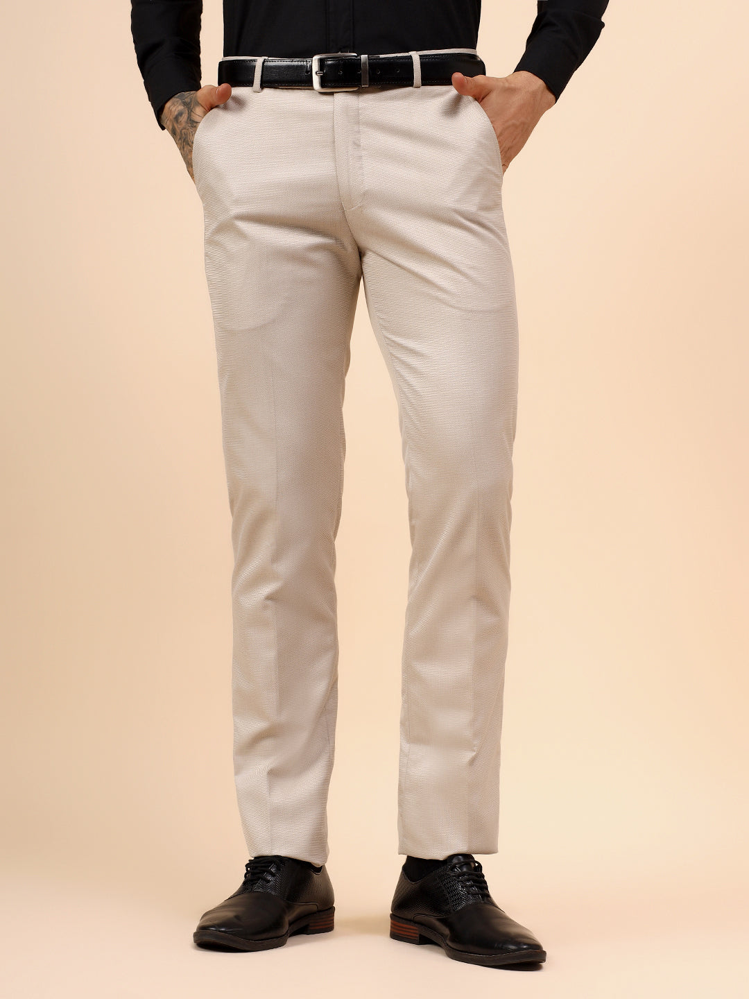 Men's Fawn Self Design Non Plated Regular Fit Formal Trouser – Cantabil