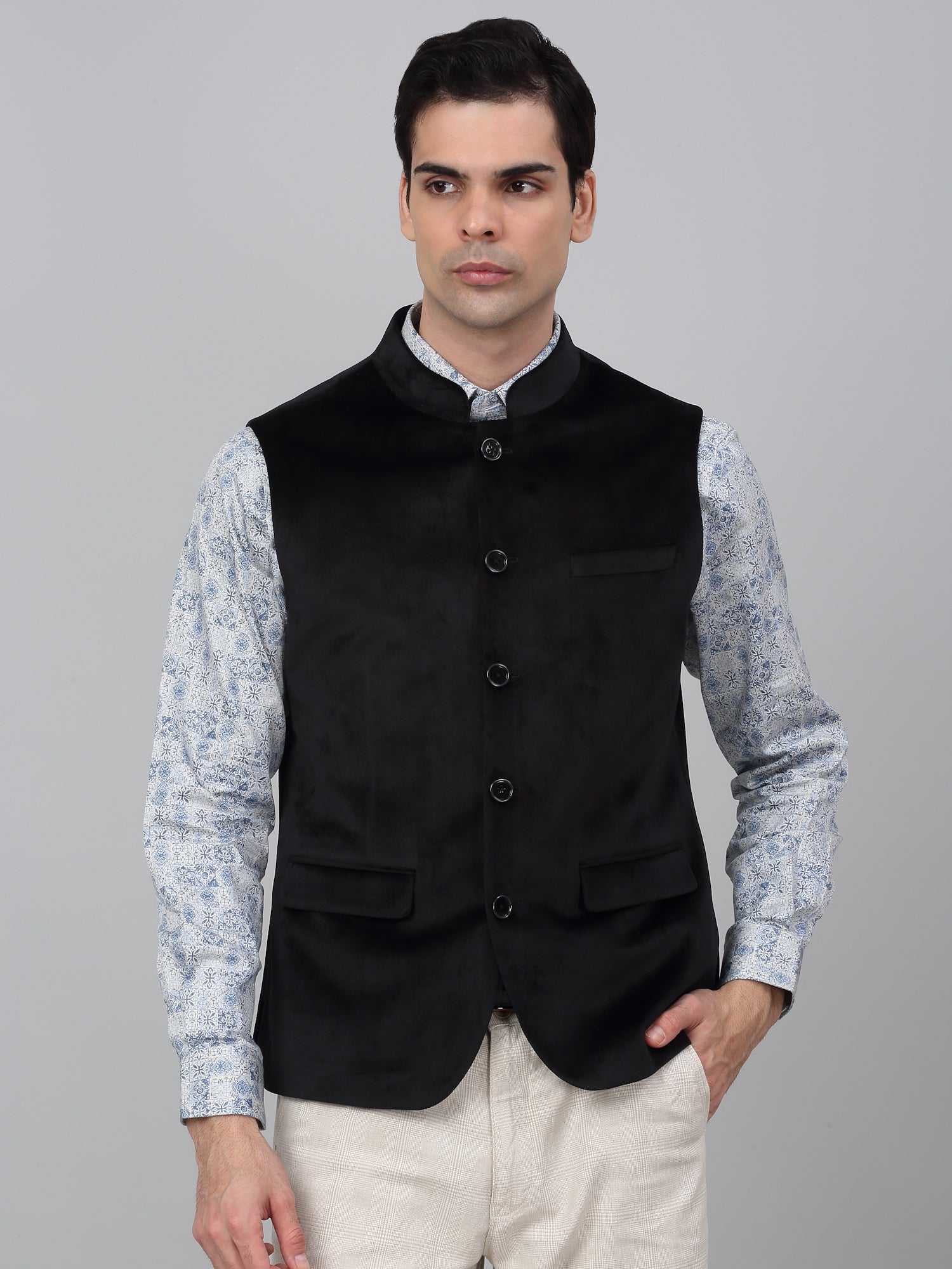 Men Black Solid Partywear Band Collar Sleeveless Waist Coat – Cantabil